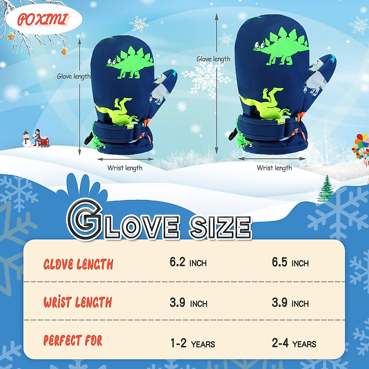 POXIMI Winter Toddler Snow Gloves Baby Boys Waterproof Gloves for Girls Warm Mittens Fleece Ski Mittens for Outdoor Sports (Black, 1-2T)
