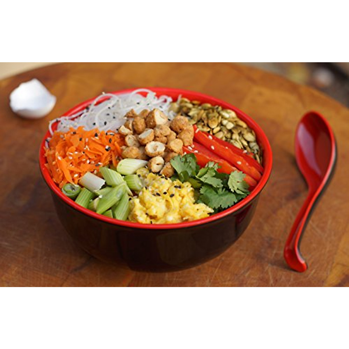 Calvin & Co Set of 4 Melamine Miso Soup Cereal Bowls and Spoons (Red & Black, Large)