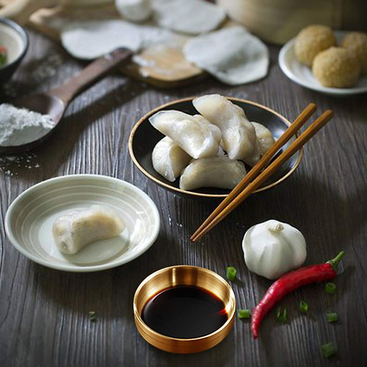 4PCS Double-Deck Mini Stainless Steel Sauce Dish, Round Seasoning Bowls, Sushi Dipping Pinch Bowls, Salad Dressing Plates for Appetizer, Side Dish, French Fries, Ketchup (3.5oz, Gold)