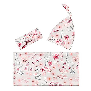 Terriboo Newborn Receiving Blanket and Headband Set Flower Print Baby Swaddle Wrap Floral (Pink 2)