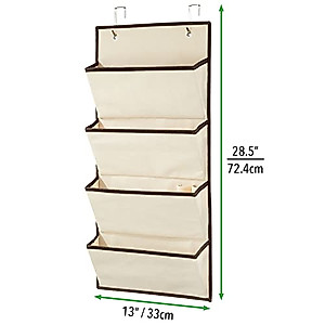 mDesign Soft Fabric Over The Door Hanging Storage Organizer with 4 Large Pockets for Closets in Bedrooms, Hallway, Entryway, Mudroom - Hooks Included - Cream/Espresso Brown