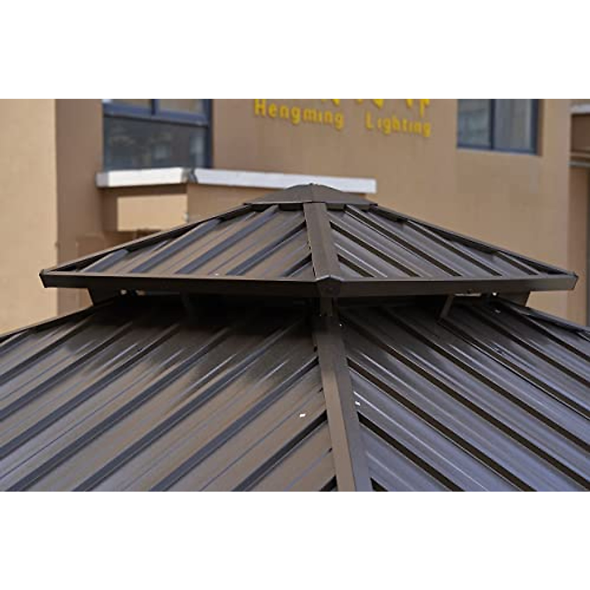 DHPM 12 x 12 FT Outdoor Patic Canopy Gazebo, Roof Iron Gazebo with Steel Canopy, Outdoor Waterproof Patio Gazebo with Curtains and Netting for Gardens, Patio, Party Canopy