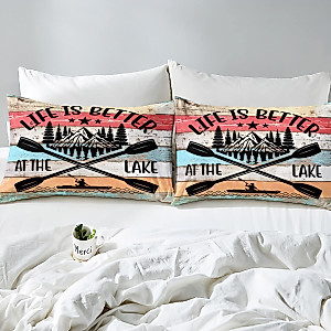 Lake Boating Bedding Set King Size Rustic Farmhouse Wooden Barn Duvet Cover Set 3pcs for Kids Girls Teens Bedroom Decor Outdoor Camping Comforter Cover Vintage Colorful Quilt Cover,2 Pillowcases