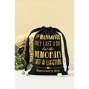 MEJOY 10 Pcs Bridal Shower Party Gift Bags, Black 5x7 Inch GOLD Foil "HANGOVERS", Bachelorette Hangover Kit Bags, Cotton Recovery Kit Bags Muslin Drawstring Bag for Bridal Shower Wedding Party Gift Decoration