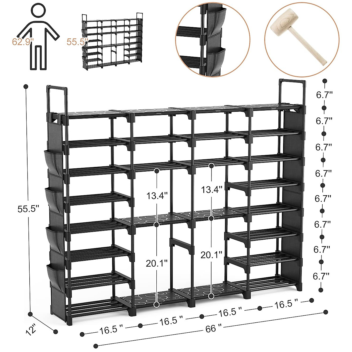 VTRIN Large Shoe Rack Organizer, tall metal rack Holds 62-66 Pairs, 8 Tiers Space Saving Shoe Shelf Storage with Side hanging pockets for Living Room Entryway Garage Black