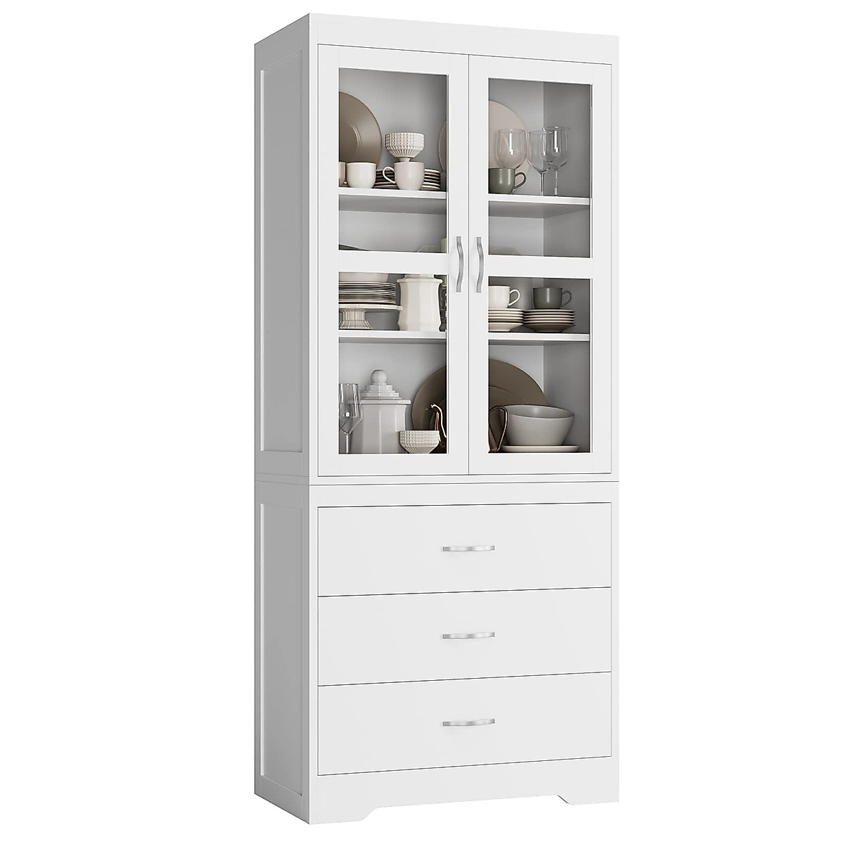 FOTOSOK White Kitchen Pantry Cabinet, 67’’ Tall Storage Cabinet with 2 Tempered Glass Doors, Modern Kitchen Cupboard, Bathroom Storage with 3 Shelves and 3 Drawers for Home Office