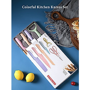Colorful Kitchen Knives Set of 6 PCS Cute Fruit Knife Set with Gift Box,High Carbon Steel Kitchen Knife Set without Block, Environmental Wheat Straw Material Handle, Sharp Professional Chef Knife
