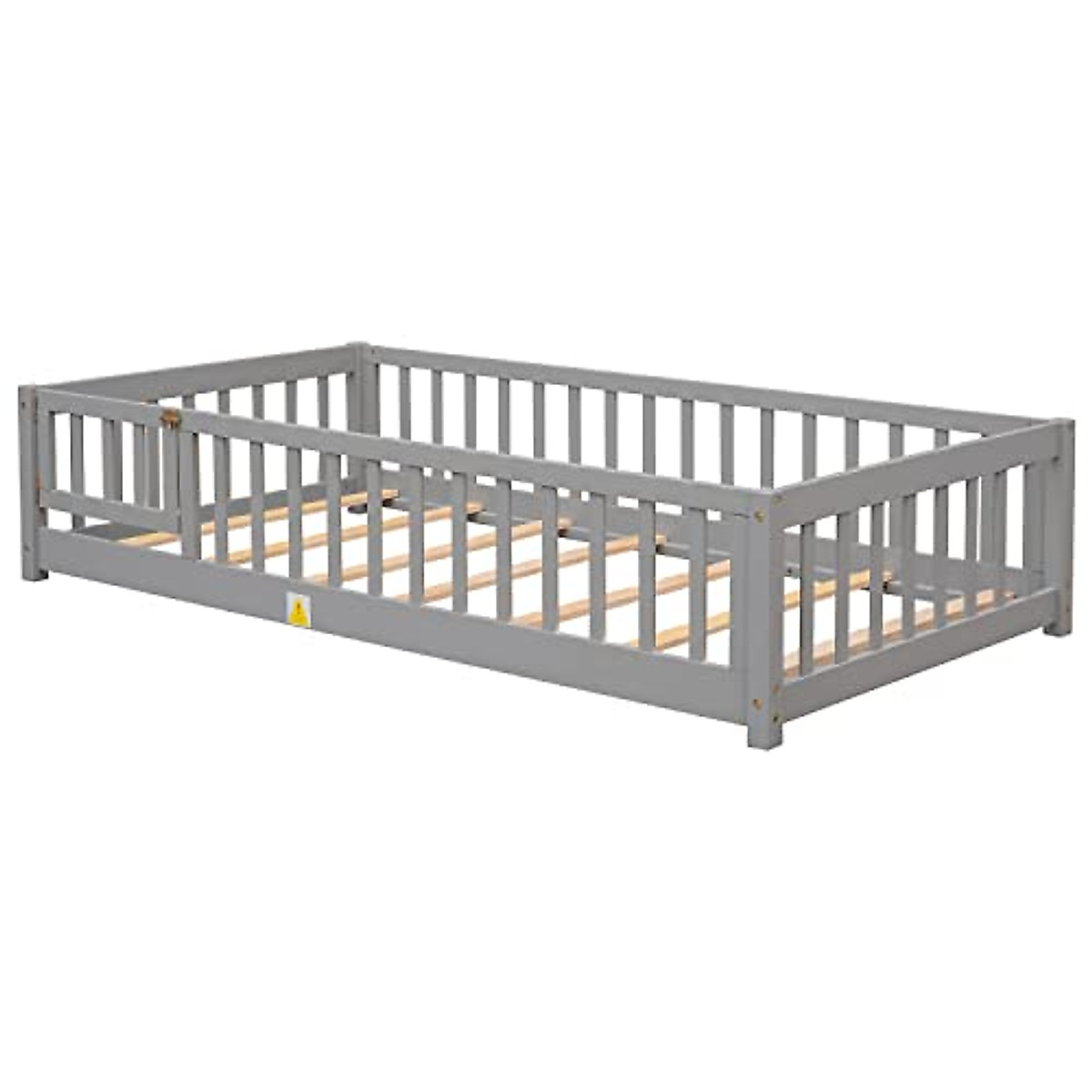 Twin Size Floor Platform Bed with Fence, Wooden Playpen Bed for Kids, Kids Fence Bed with Door, No Box Spring Needed (Grey)