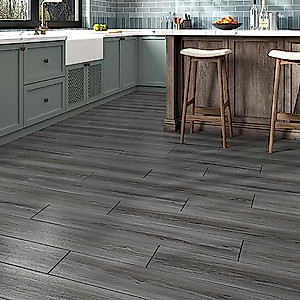 Skyblur Dark Grey Wood Planks Peel and Stick Floor Tile Stickers for Bathroom Bedroom DIY Vinyl Plank Tiles for Kitchen Waterproof Self Adhesive Flooring 35x6 Inch 4 Sheets