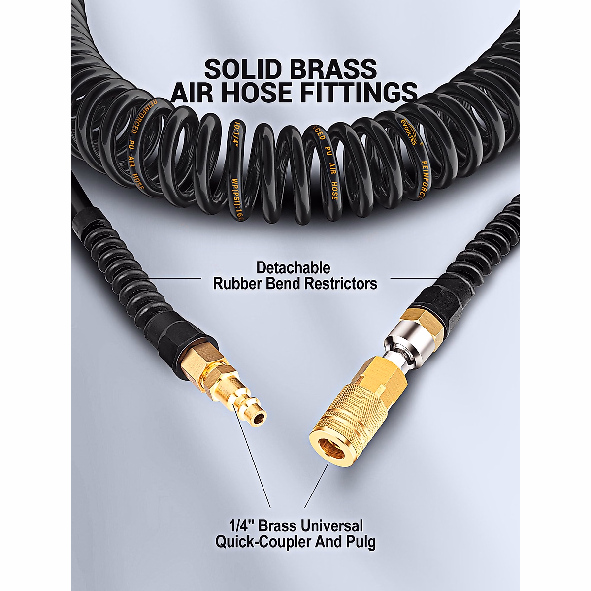 EVOULTES 1/4 In x 28 Ft Polyurethane Recoil Air Hose, Upgraded Air Compressor Hose with Repairable Bend Restrictor, Air Hose kit w/ 360° Swivel 1/4" NPT Coupler & Brass Quick Connect Air Fittings