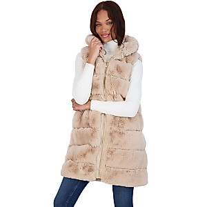 VIA SPIGA Women's Grooved Faux Fur Hooded Vest Beige Size L