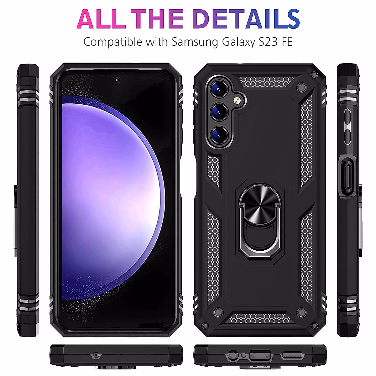 for Samsung Galaxy S23 FE Case with Screen Protector, Military Grade Rugged Shockproof Heavy Duty Galaxy S23 FE Protective Cover for Samsung S23 FE 5G Magnetic Ring Kickstand Phone Case (Black)
