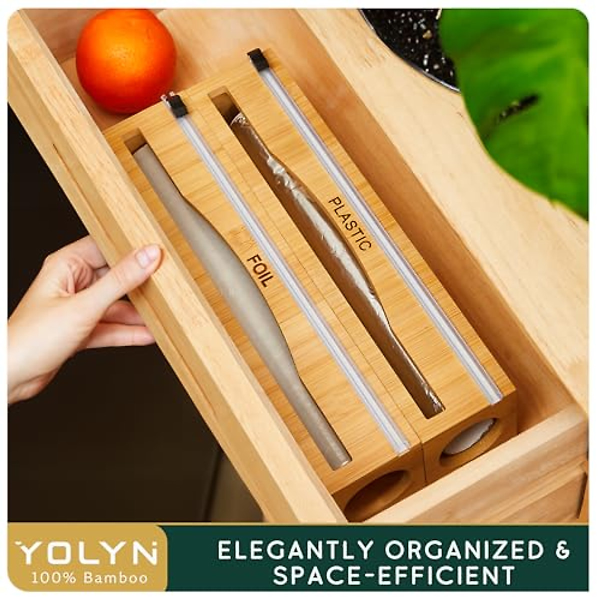 YOLYN Bamboo Kitchen Drawer Organizer Box - Baggie, Foil, Plastic & Wrap Food Storage with Dispensers & Cutters for Gallon, Quart, Sandwich & Snack Bags - 6 Pices set
