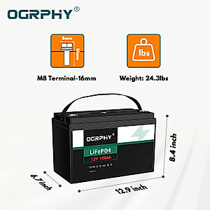 OGRPHY 4 Pack 12V 100Ah LiFePO4 Battery, 1280Wh Grade A Cells Lithium Battery with 100A BMS, 5000+ Deep Cycles Battery for RV, Trolling Motor, Solar, Golf Cart, Marine and Off Grid Applications