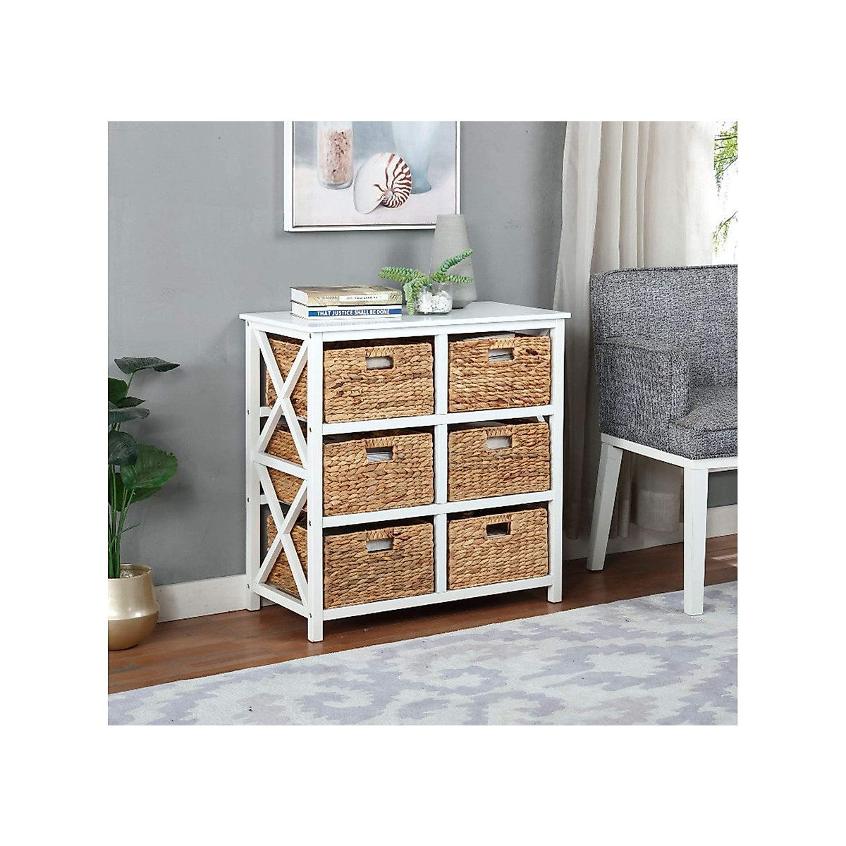 eHemco 3 Tier X-Side End Storage Cabinet, table with 6 Wicker Baskets for bedroom, living room in White