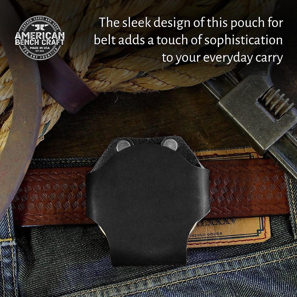 Dip Can Holder (Black) - Full Grain Leather Belt Pouch - w/Solid Brass Rivets - Convenient Slip-On Tobacco Dip Can Holster - Durable & Comfortable Snuff Can Holder - Stylish Belt Accessories for Men