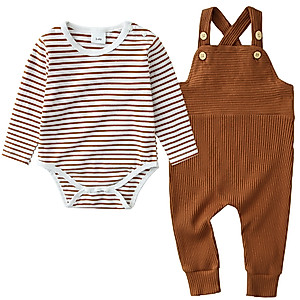 YUEMION Baby Boy Clothes 3 6 Months Newborn Infant Boy Outfits 2Pcs Stripe Top Romper Pants Set Overalls Toddler Boy Clothes(Brown, 3-6 Months)