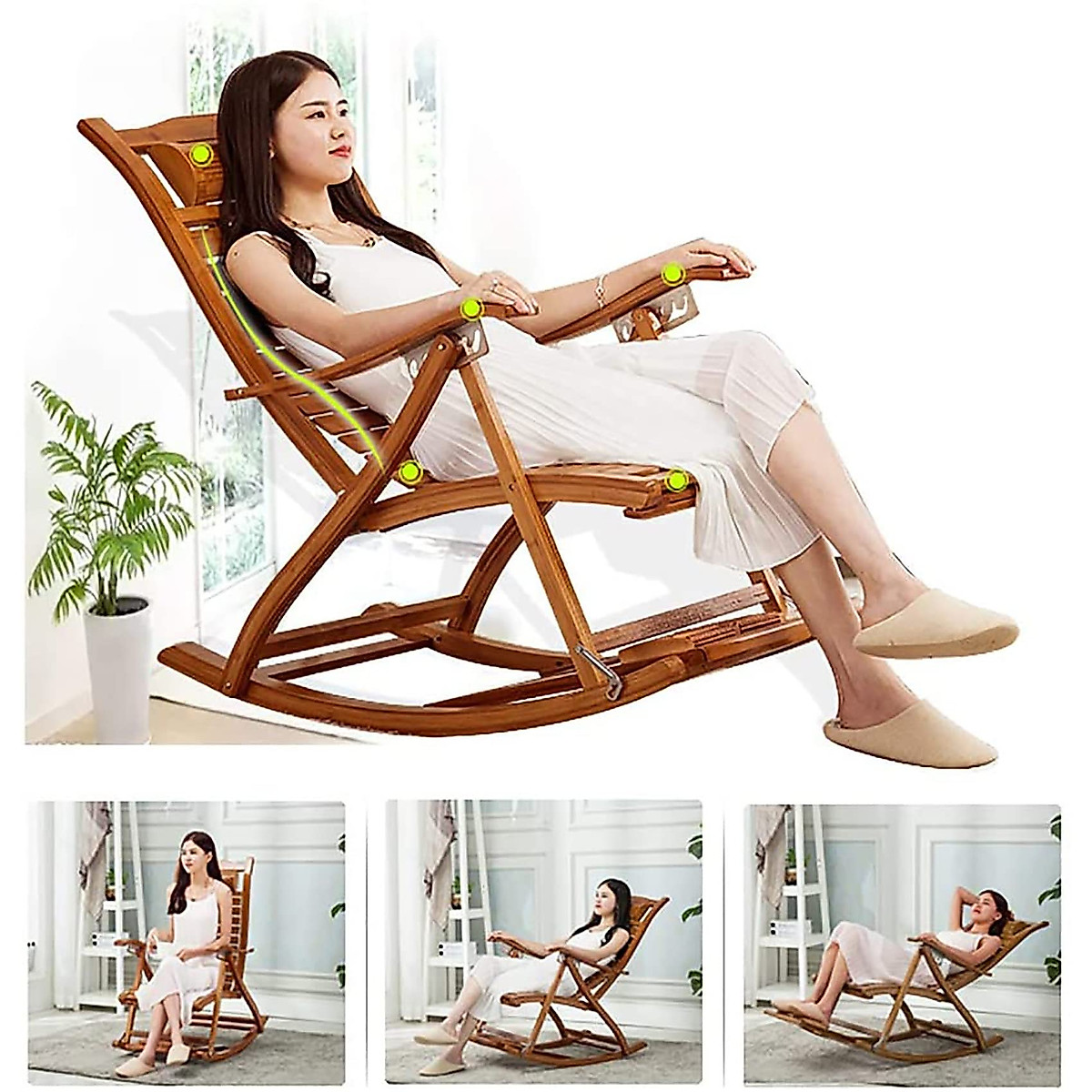 HM&DX Bamboo Rocking Chair Foldable Garden Deck Chairs for Elderly Loungers Deck Chair with Cushion Stable Ergonomic Wooden Patio Pool Garden Chair(Short pad, B)