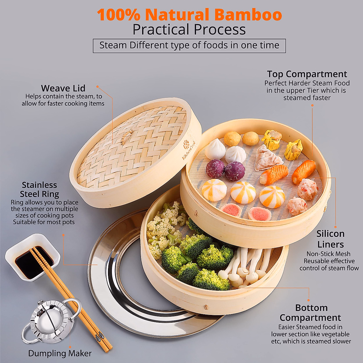 KITCHENCRUST Bamboo Steamer Basket for Chinese Asian Cuisine - 2 Tier 10-Inch Steaming Basket Bun Vegetable Steamer, Dumpling Steamer bamboo steam basket, Sauce Dish, Chopsticks, Reusable Liners, Ring