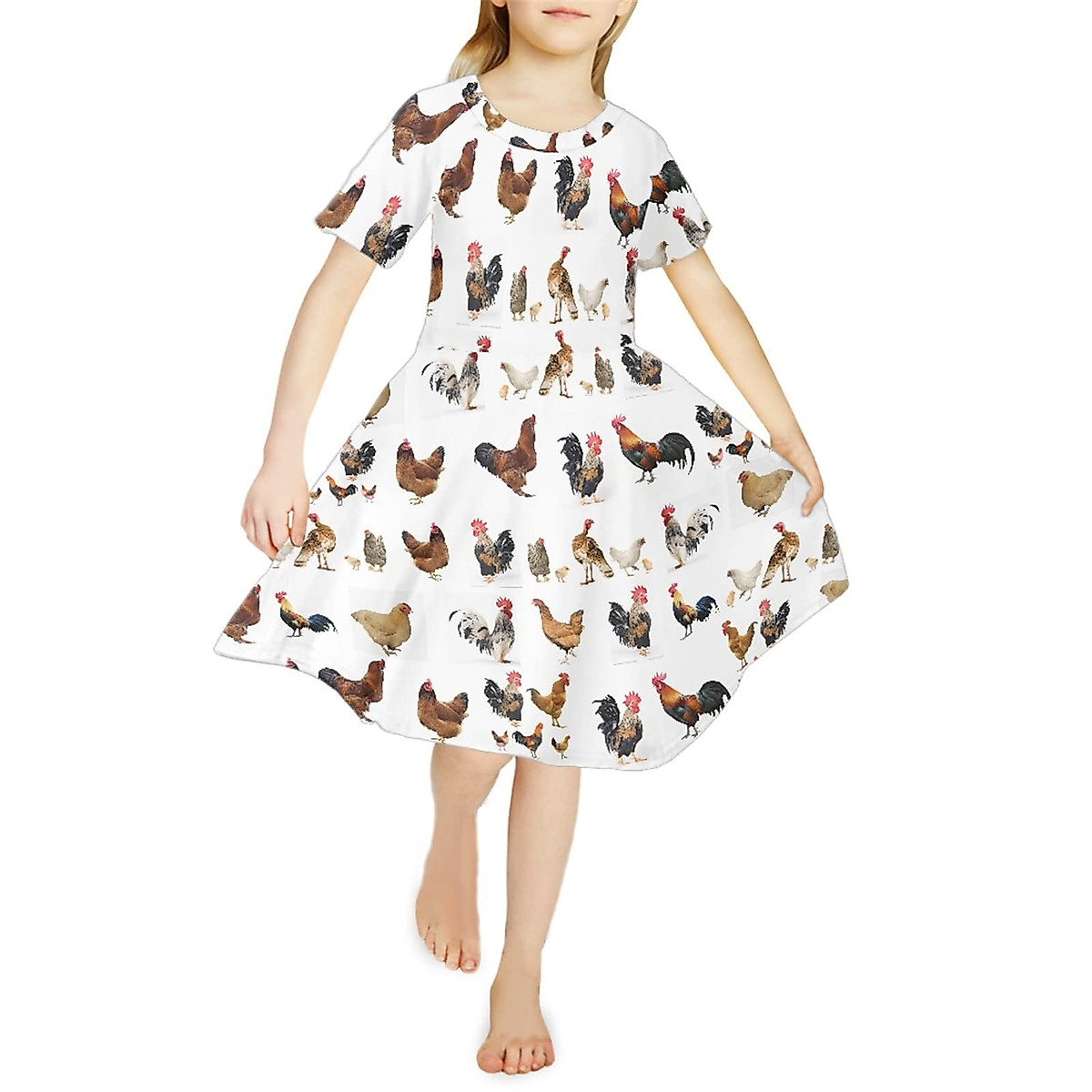 Biyejit Rooster Chicken Print Girl's Short Sleeve Dress 3D Printed Casual Swing Twirl Skirt for Holiday Theme Party 3-14Y