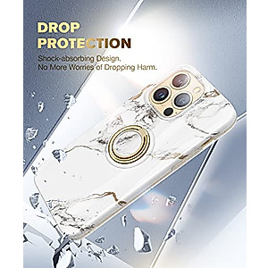 GVIEWIN Case Compatible with iPhone 14 Pro Max 6.7 Inch 2022, Built-in 360°Rotatable Ring Stand, Slim Marble Phone Holder Hard Durable Shockproof Protective Kickstand Cover Case(White/Gold)