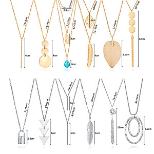 Fecsiory 12 Pcs Long Pendant Necklace for Women, Gold Bar Feather Triangle Leaf Lock Tassel Y Necklace Jewelry Set