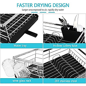 Fogein Dish Drying Rack,Dish Racks for Kitchen Counter，Stainless Steel Dish Drainer with Utensil Holder Removable Drainer Tray for Kitchen Countertop(Black)