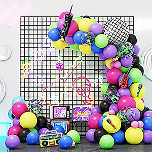 RUBFAC 80s 90s Theme Party Decorations 110Pcs Balloon Garland Kit 6PCS Inflatable Disco Ball Radio Boom Box Retro Mobile Phone Microphone Guitar Balloons for Back to 80s 90s Hip Hop Party Supplies