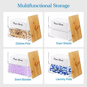 JYPS Acrylic Dryer Sheet Holder with Drawer and Bamboo Lid, Clear Laundry Room Organization and Storage，Dryer Sheet Laundry Pods Containter Box for Laundry Room Decor
