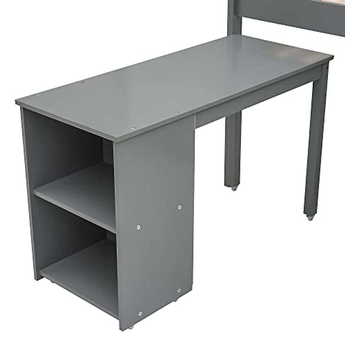 Harper & Bright Designs Low Loft Bed with Desk and Storage Drawers, Solid Wood Twin Loft Bed with Cabinet and Rolling Portable Desk - Gray