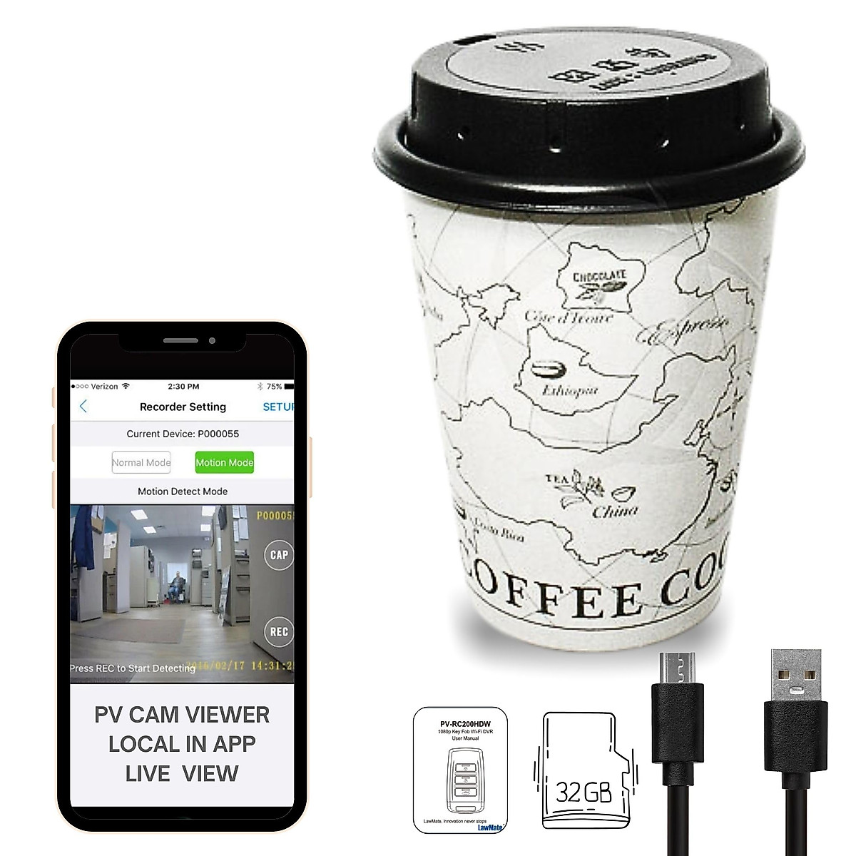 Lawmate PV-CC10W outdoor 1080P Covert Coffee Cup Lid Camera DVR with WiFi with 32GB Micro SD Card, 720p