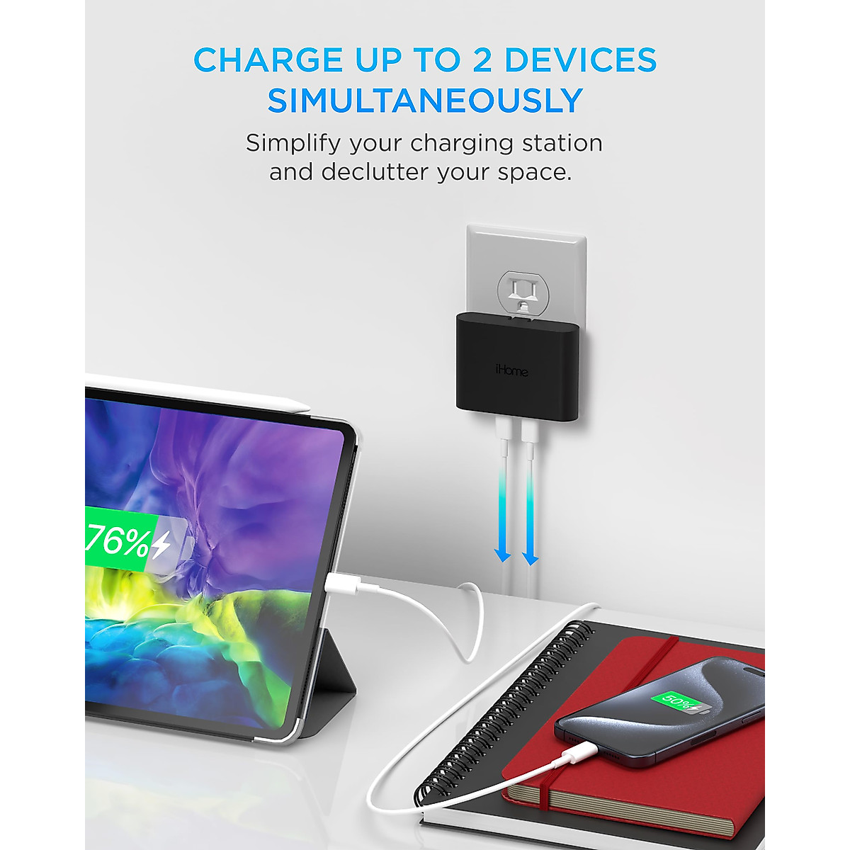 iHome Multiport USB-C Charger : AC Pro 2-Port Flat USB C Charger Block, Double USB C Wall Charger, Fast Charging Compatible USB-C Wall Charger (Black)
