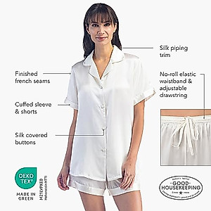 Fishers Finery Women's 100% Mulberry Silk Short Pajama Set; Button Down Short Sleeve Top with Shorts(White, L)