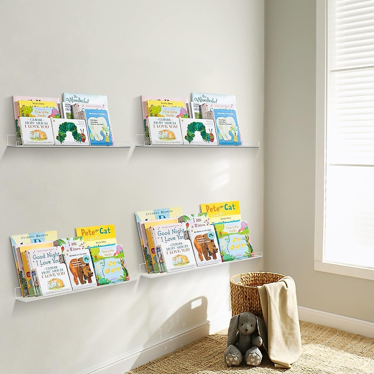 Famyards 24 inch Clear Acrylic Floating Shelves Wall, Bookshelf for Kids, Magazine Rack, Picture Ledge Shelf Storage of Books,Picture,Toys, Vinyl Records and Small Ornaments on Wall, Pack of 4