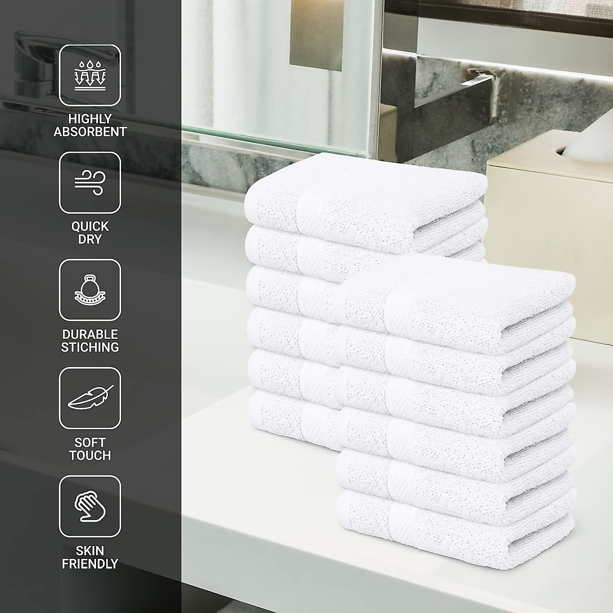 Infinitee Xclusives Kitchen Towels – Pack of 6, 100% Cotton 15x25 Inches Absorbent Dish Towels - 425 GSM Tea Towel, Terry Kitchen Dishcloth Towels + White Washcloths Set – Pack of 12