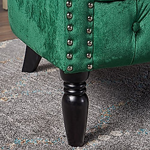 Great Deal Furniture Melaina Tufted Chesterfield Velvet Loveseat with Scrolled Arms, Emerald and Dark Brown