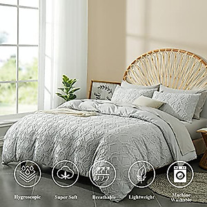 BEDAZZLED Duvet Cover Queen Size, 3 Pieces Tufted Comforter Cover Set, Soft and Embroidery Shabby Chic Boho Bedding Sets for All Seasons, Light Grey
