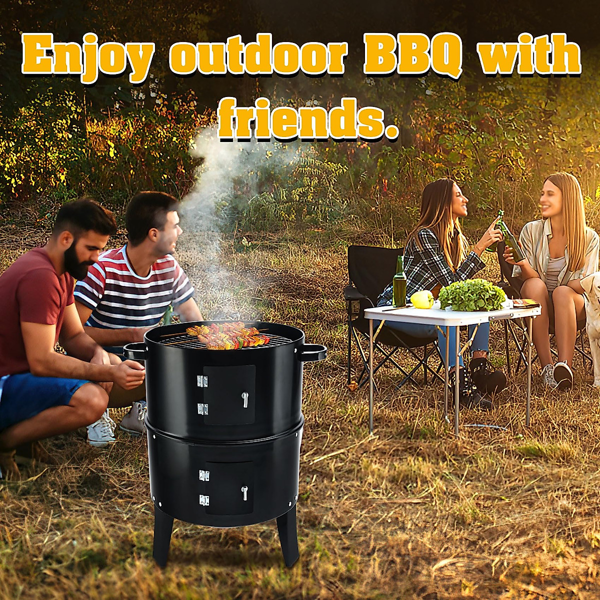 TENGCHANG 32" Charcoal Smoker BBQ Grill, 3IN1 Outdoor Vertical Smoke Portable Meat Cooker, Black