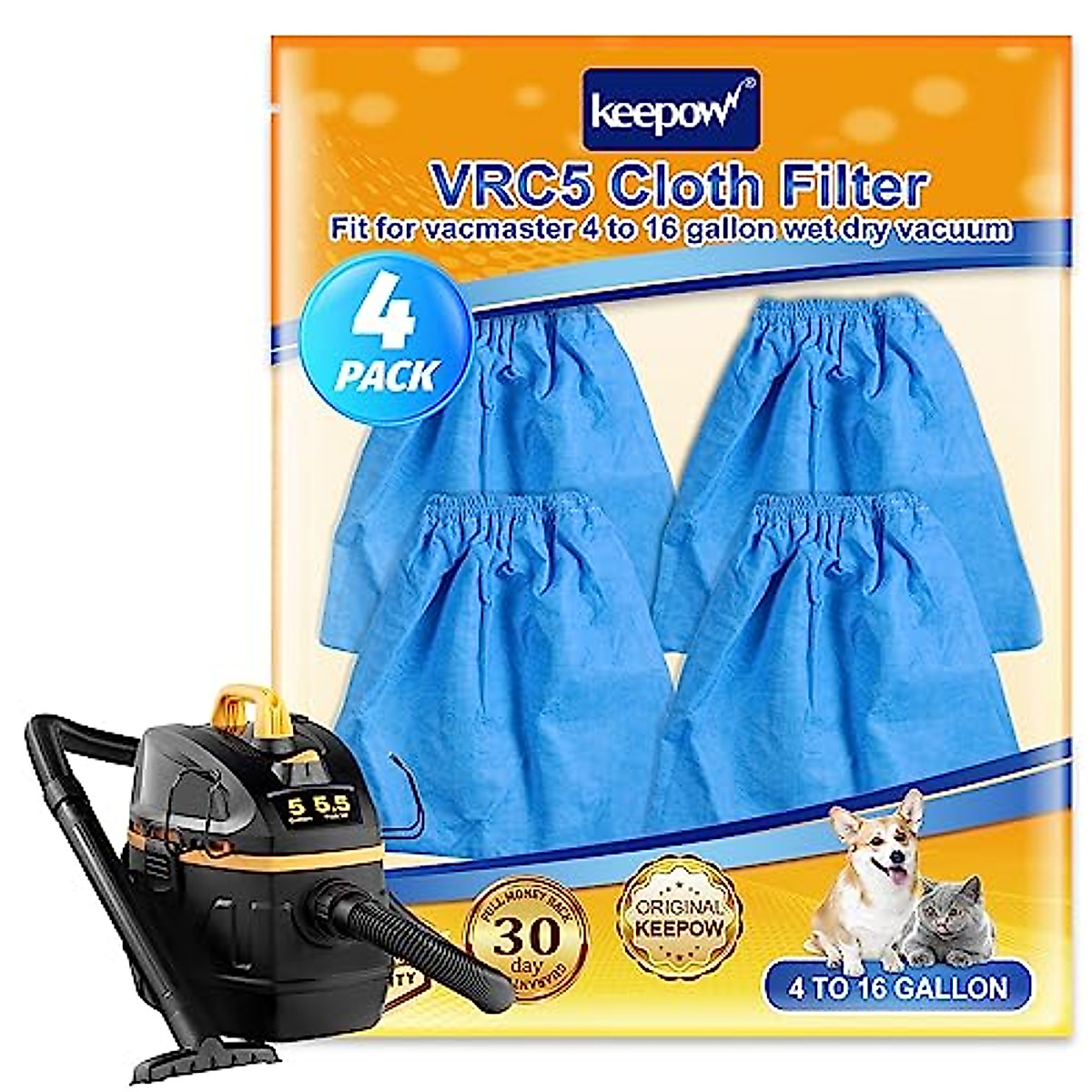 KEEPOW VRC5 Cloth Filter Bags for Vacmaster 4 to 16 Gallon Wet/Dry Vacuums VBV1210 VJC507P, 4 Pack
