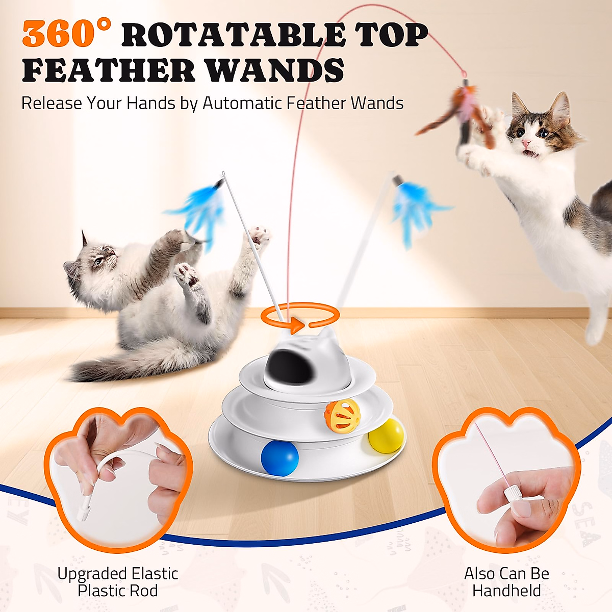 Interactive Cat Toy: 5 in 1 Automatic Cat Toy for Indoor Cats, Rechargeable Hide and Seek Toy with PVC Cover, Battery Operated Kitten Laser Toy, Self Play Fluttering Feather Wand with Track Ball