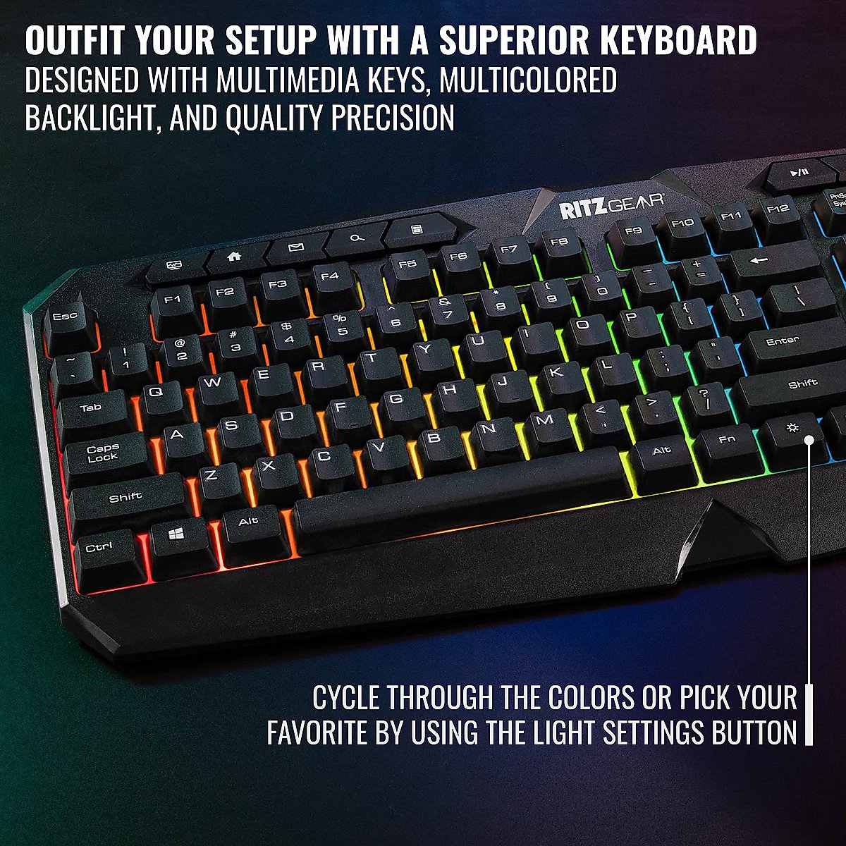 Ritz Gear RGB Gaming Accessories Kit | 4-in-1 Rainbow LED Backlight Bundle PC Combo with Multimedia Keyboard, Optical Mouse, Mouse Pad & Headset w/Adapter | for Windows 7+ Desktop, Laptop, Xbox & PS4