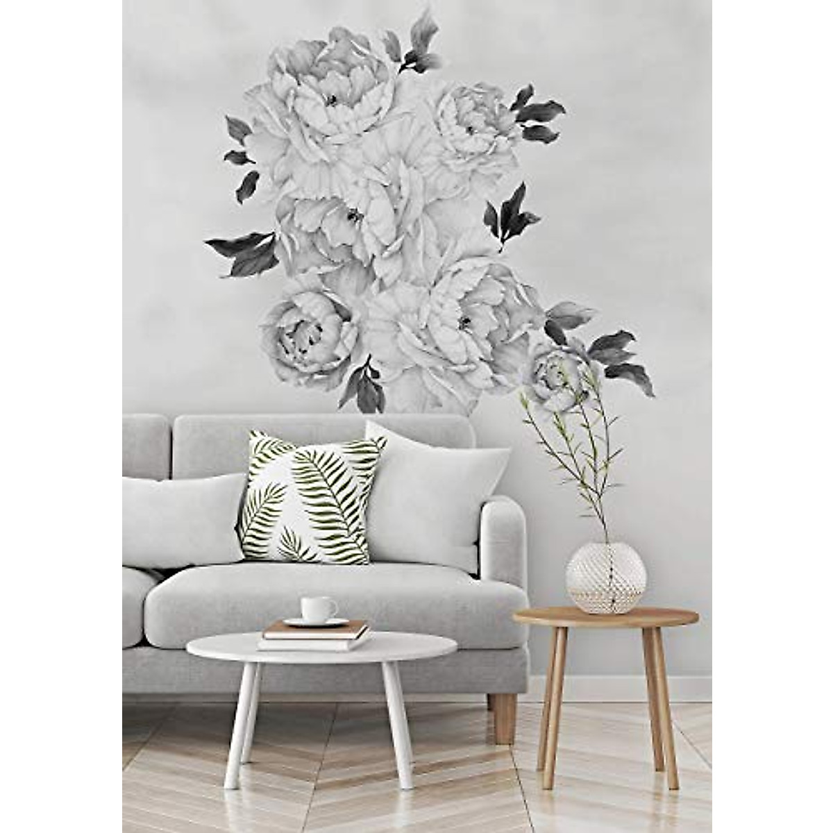 Murwall Floral Peony Wall Decal Black and White Florals Removable Peel and Stick Monochrome Flower Bouqet Wall Sticker Livingroom Entryway