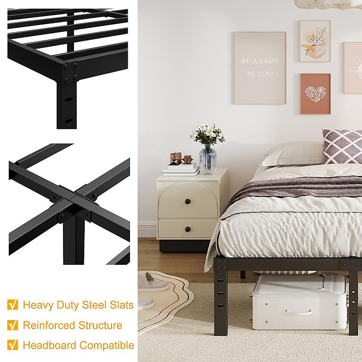 Bednowitz California-King-Bed-Frames, 12 Inch Cal King Metal Platform Bed Frame with Heavy Duty Steel Slats, Noise Free Mattress Foundation No Box Spring Needed, Easy Assembly, Black