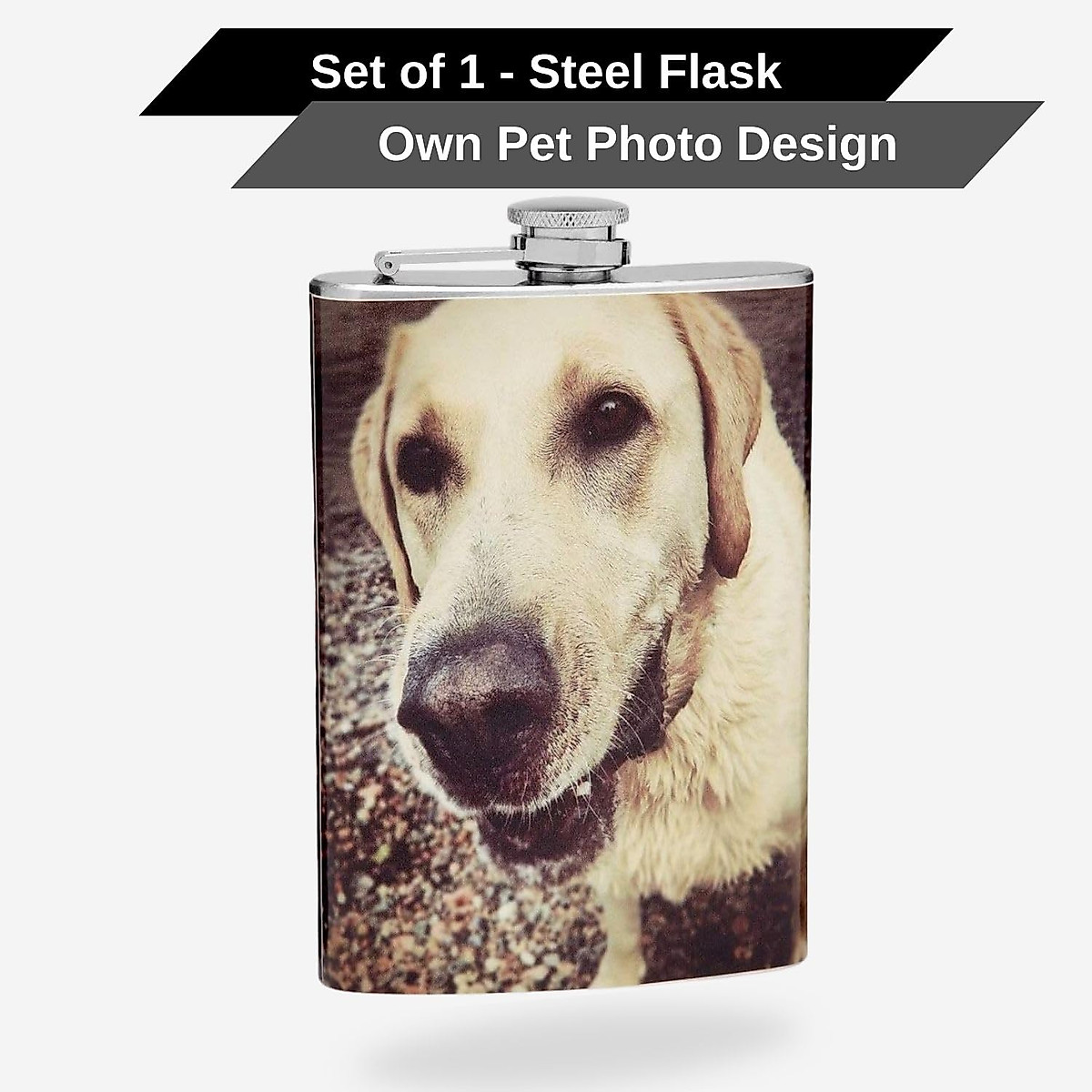 Top Shelf Stainless Steel Hip Flask Holding 8 oz | Pocket Size Leak Proof Screw-On Cap | Personalized with Pet Photo Design alcohol flask | Black Metallic Wrapped Vinyl Finish