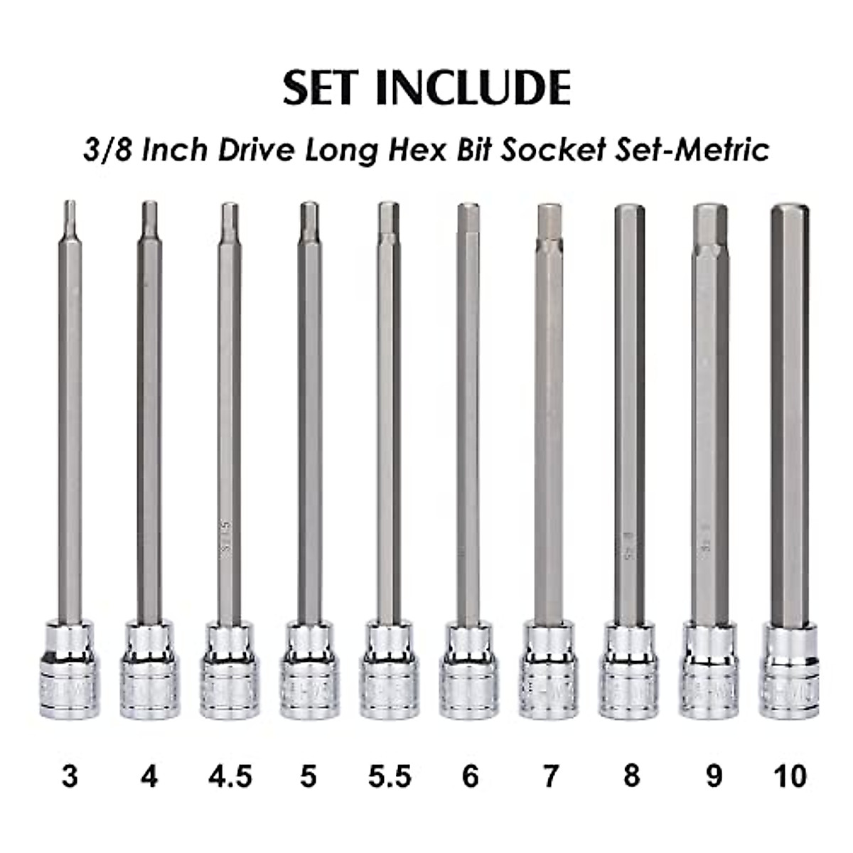 MIXPOWER 3/8" Drive Extra Deep Hex Bit Socket Set, 1/8 Inch to 3/8 Inch, 3mm to 10mm, SAE & Metric, Extra Long Allen Socket Set, CR-V and S2 Steel, 18 Pieces Set
