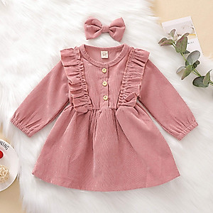 Karuedoo Kids Toddler Baby Girl Corduroy Ruffle Long Sleeve Dress Princess Party Dress Fall Winter Skirt Outfit (A-Pink, 2-3T)