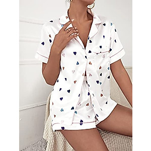 Verdusa Women's Satin Sleepwear Short Sleeve Shirt and Shorts Pajama Set White Heart XL