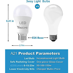 Youtime 3 Way Light Bulbs 50 100 150 Watt Equivalent Soft White A21, Incandescent Replacement,6/15/20w Energy Saving Safety Three Way Light Bulbs, 500 1600 2200 Lumens, E26 Medium Base, 4Pack
