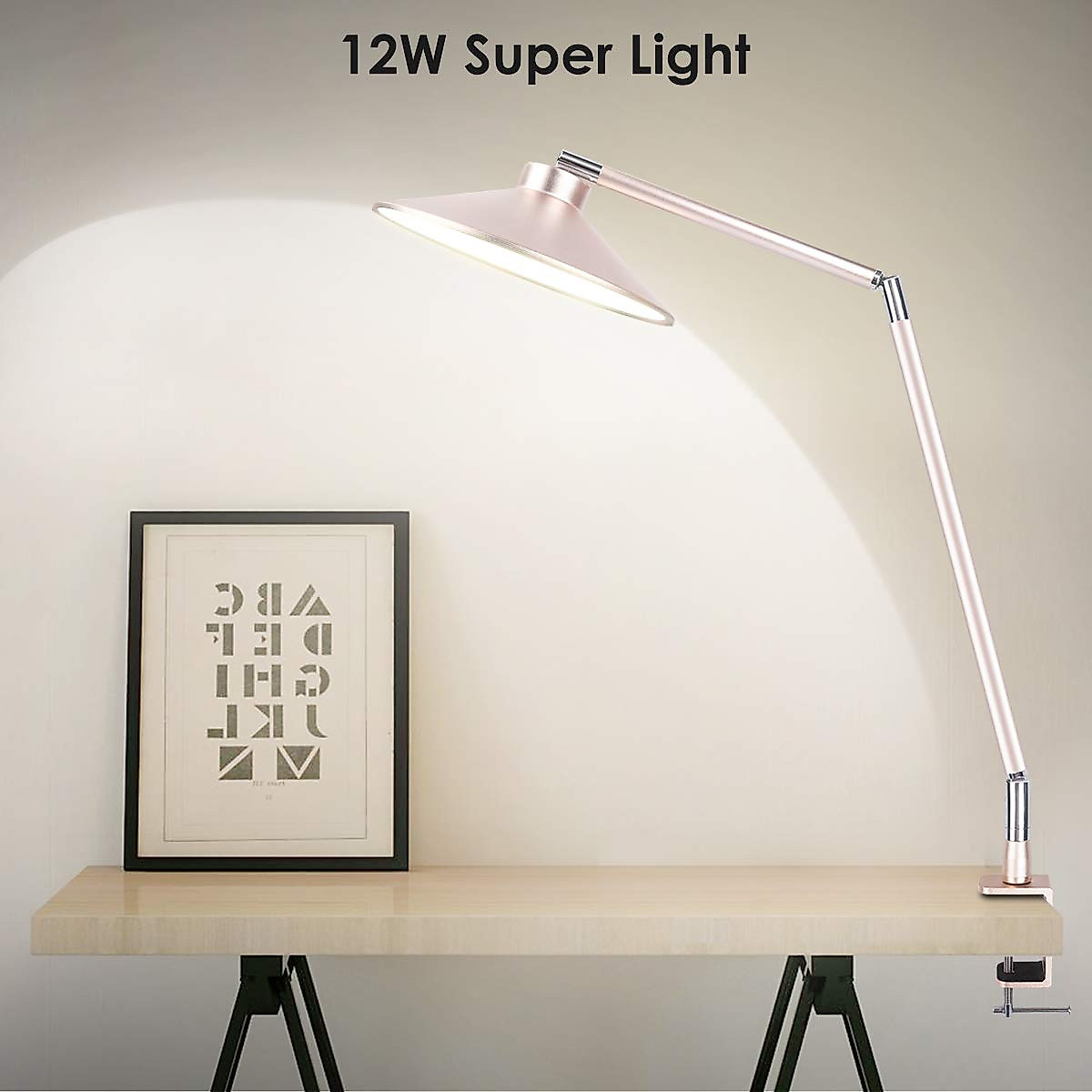 Wellwerks Swing Arm Desk Lamp, 12W Eye-Caring LED Desk Lamp with Clamp, Dimmable Desk Light with Timer and Memory Function, 3 Color Modes, Modern Architect Table Lamp for Task Study (Pink)