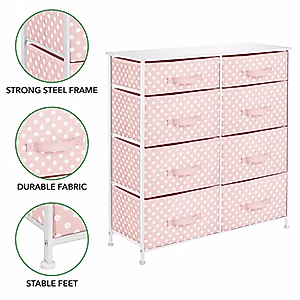 mDesign 35.3" High Steel Frame/Wood Top Storage Dresser Furniture, 8 Slim Fabric Drawers, Large Bureau Organizer for Baby, Kid, Teen Bedroom, Nursery, Playroom, Dorm, Pink/White Polka Dot